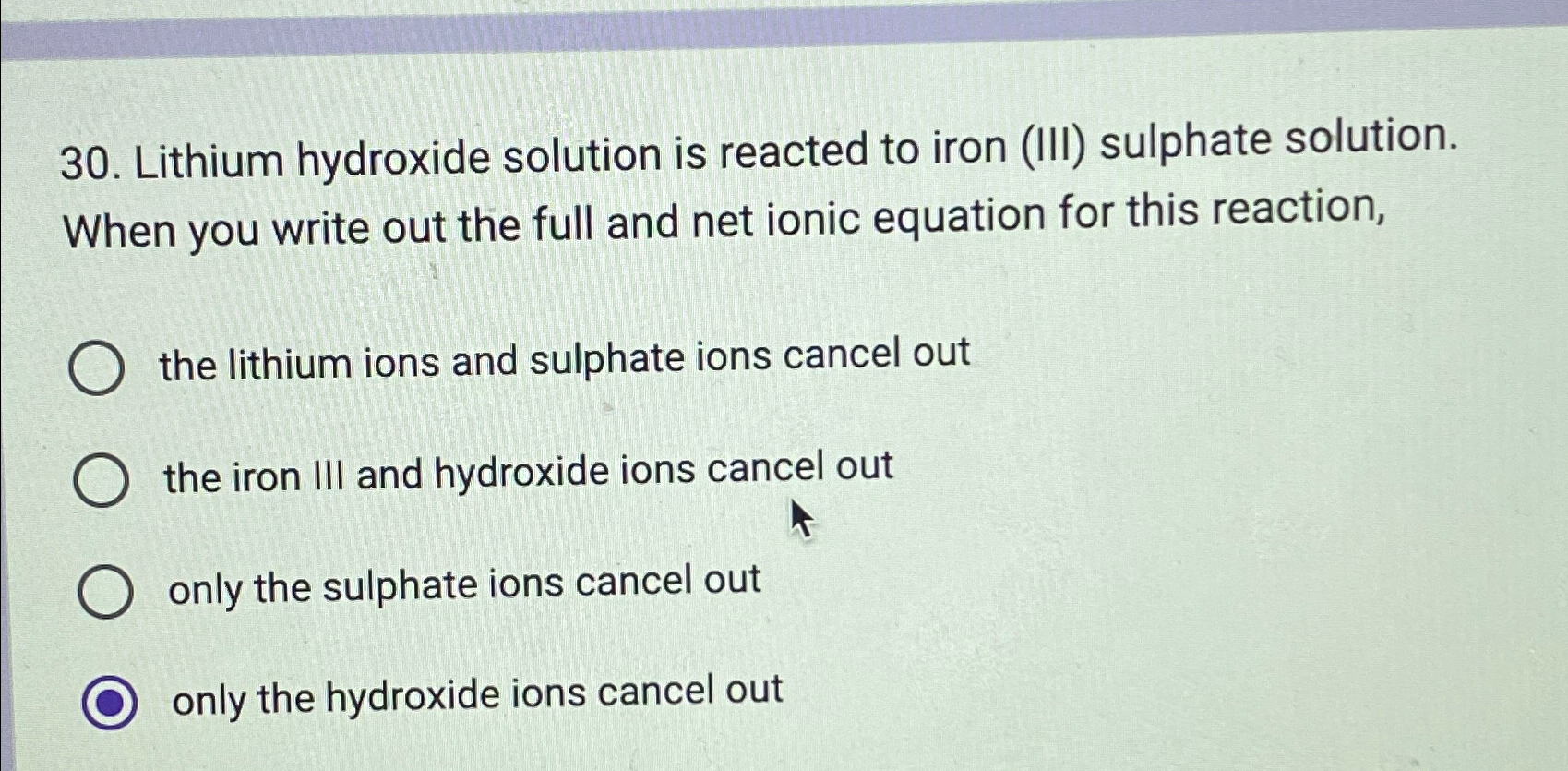 Solved Lithium hydroxide solution is reacted to iron (III) | Chegg.com