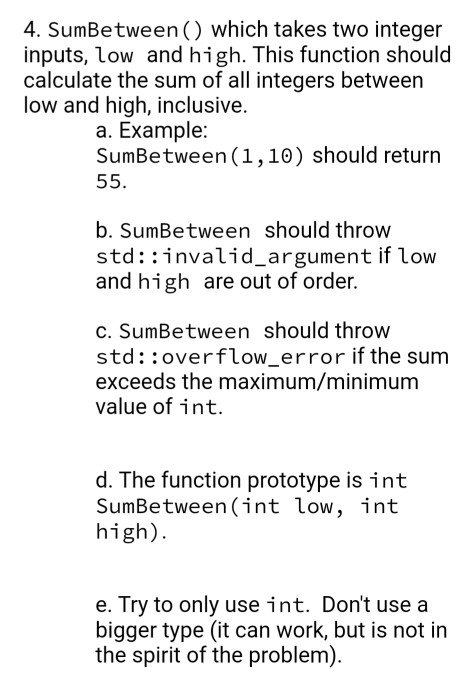 Solved 4. SumBetween() which takes two integer inputs, low | Chegg.com