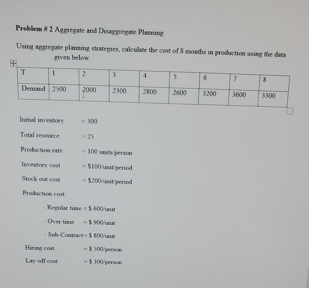Solved Problem #2 Aggregate and Disaggregate Planning Using | Chegg.com