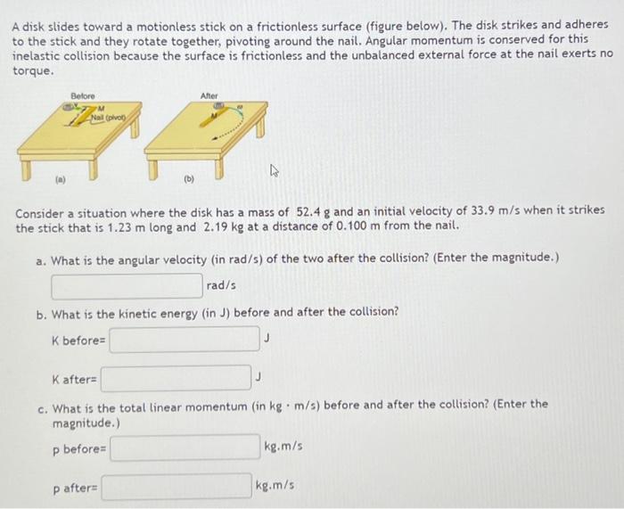 Solved A disk slides toward a motionless stick on a | Chegg.com