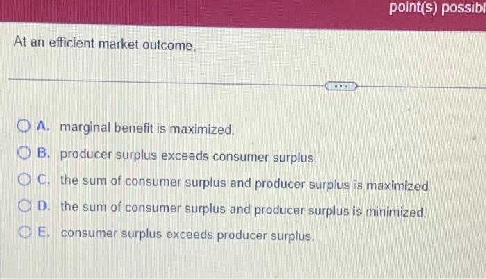 Solved At an efficient market outcome, A. marginal benefit | Chegg.com