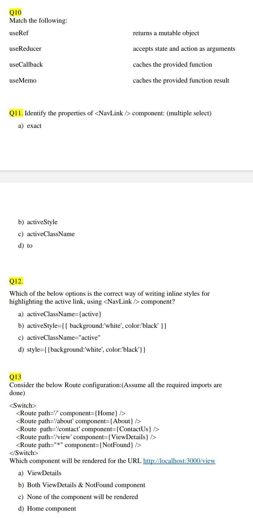 Solved Q10 Match the following: useRef returns a mutable | Chegg.com