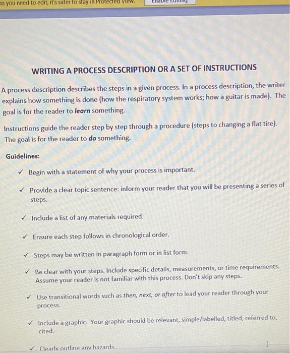 Solved Adding Visuals Writing a Process Description/ Set of | Chegg.com