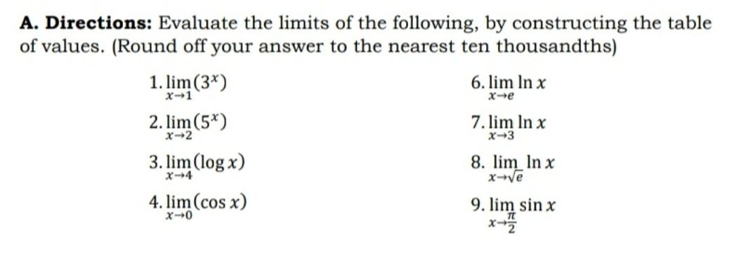 Solved A. Directions: Evaluate the limits of the following, | Chegg.com