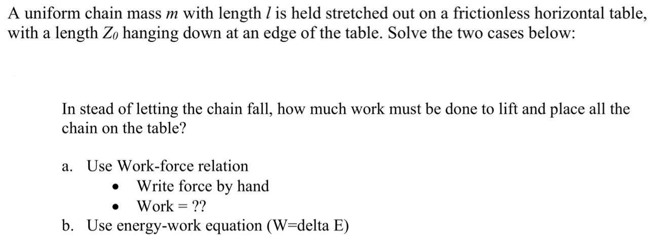 [Solved]: A uniform chain mass m with length l is held stret