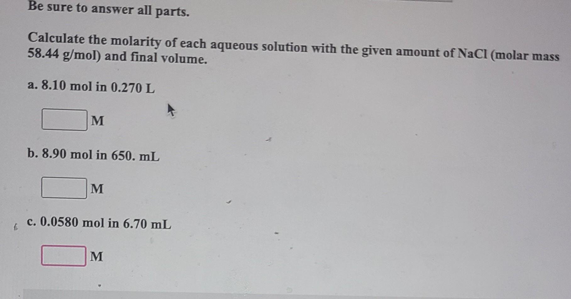 Solved Calculate the molarity of each aqueous solution with | Chegg.com