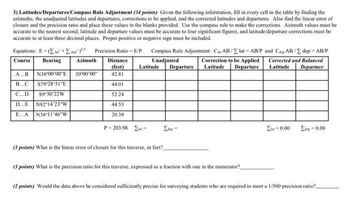 Solved 3) Latitudes/Departures/Compass Rule Adjustment (34 | Chegg.com