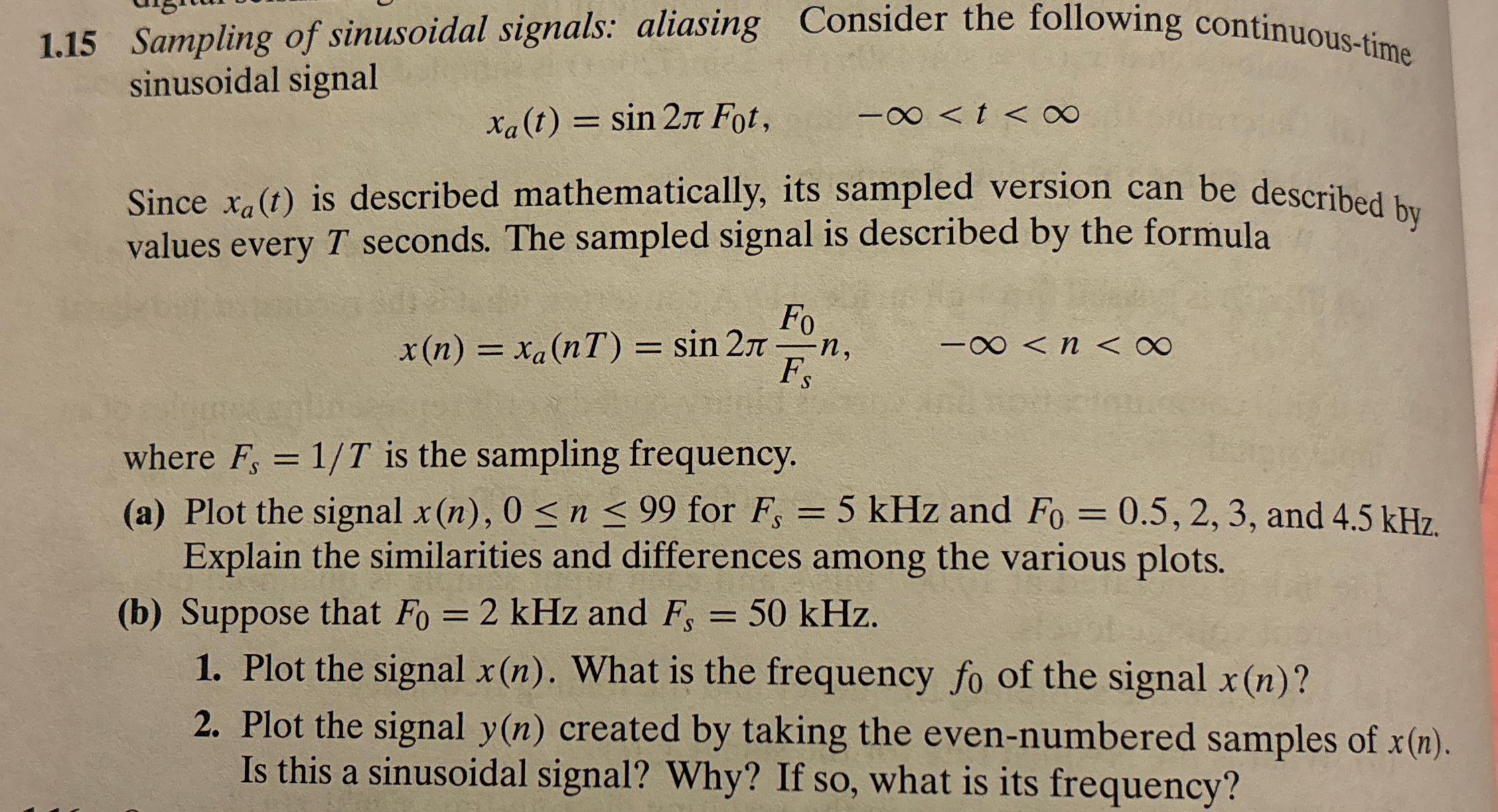 Solved 1.15 ﻿Sampling of sinusoidal signals: aliasing | Chegg.com