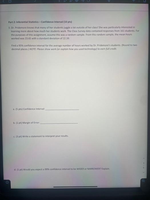 Solved Part 2: Inferential Statistics - Confidence Interval | Chegg.com