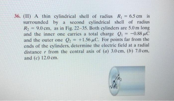 Solved 36. (II) A thin cylindrical shell of radius R1=6.5 cm | Chegg.com