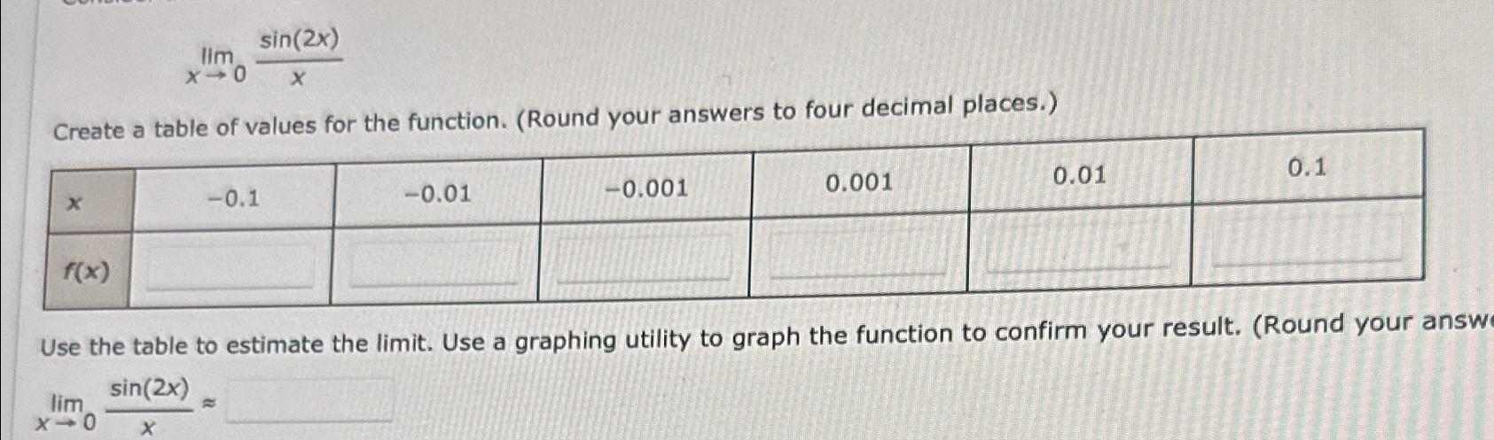 Solved limx→0sin(2x)xCreate a table of values for the | Chegg.com