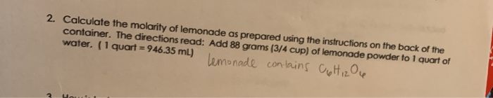 Solved Molarity of lemonade as prepared using the | Chegg.com