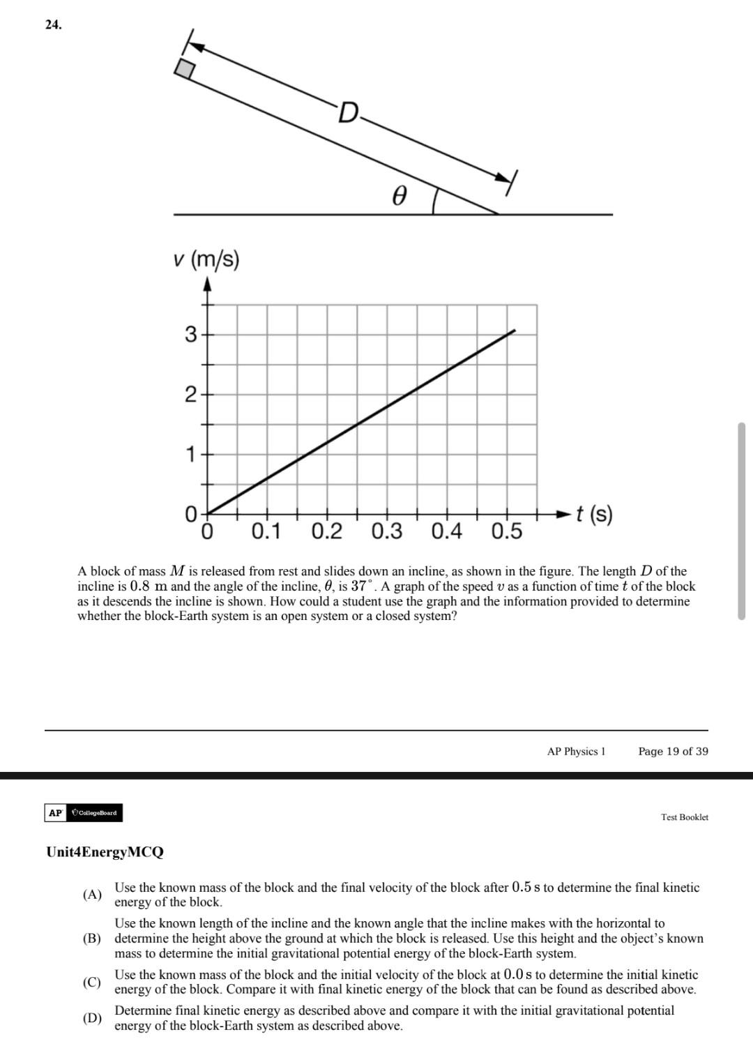 Solved 24. Ꮎ v (m/s) 3 2 ܢܘ 1 0 t(s) 0.1 0.2 0.3 0.4 0.5 O A | Chegg.com