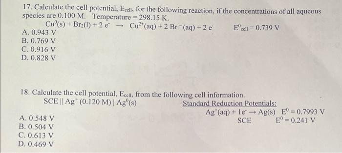 Solved 17 Calculate The Cell Potential Ecell For The