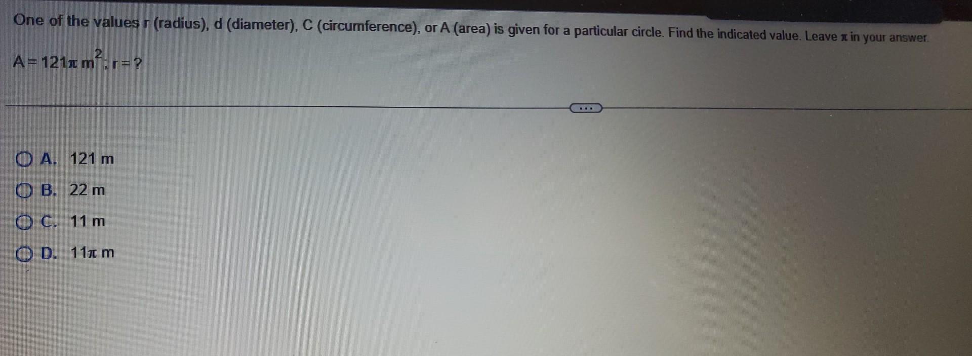 Solved One of the values r (radius), d (diameter), C | Chegg.com