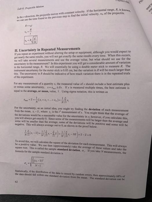 Lab 6: Projectile Motion Introduction In this | Chegg.com