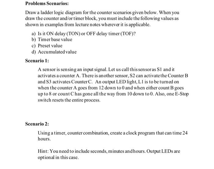 Solved Problems Scenarios: Draw a ladder logic diagram for | Chegg.com