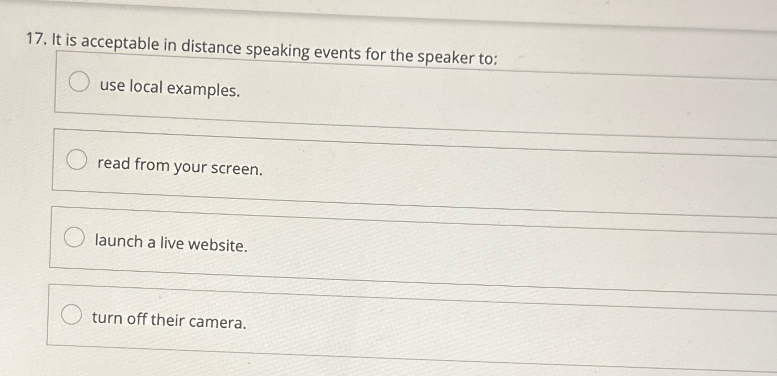 Solved It is acceptable in distance speaking events for the | Chegg.com