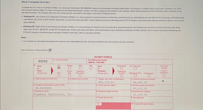Solved PSa 6-7 Complete Form W-3 Complete the W-3 Form for | Chegg.com