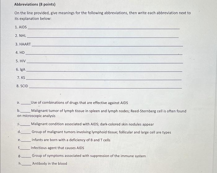 Solved Abbreviations (8 points) On the line provided, give | Chegg.com