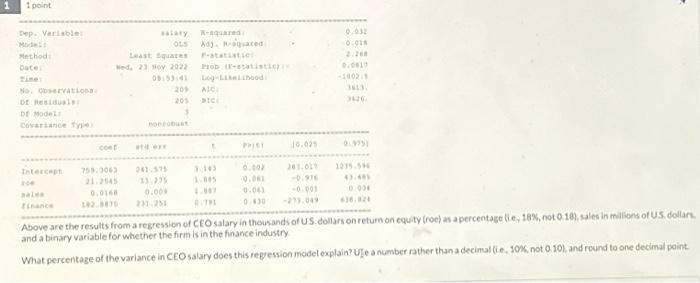 Solved 1 1 point Dep. Variable: Model: Method: Date: Time: | Chegg.com
