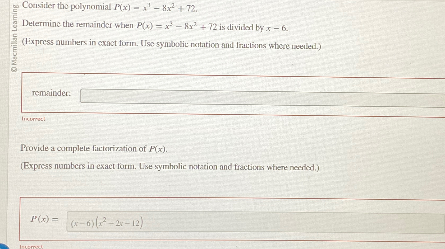 Solved Consider the polynomial P(x)=x3-8x2+72Determine the | Chegg.com