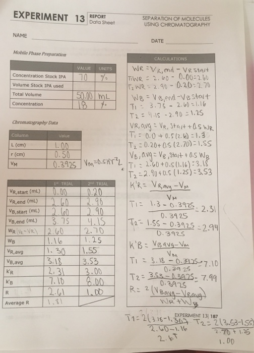 Solved EXPERIMENT 13 REPORT Data Sheet SEPARATION OF | Chegg.com