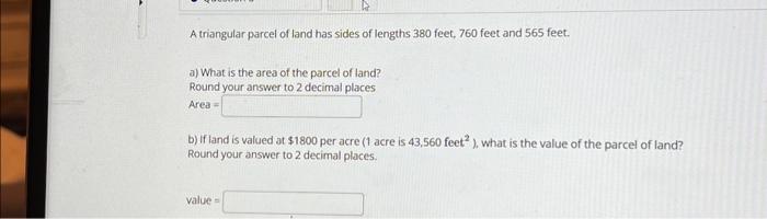 Solved A triangular parcel of land has sides of lengths 380 | Chegg.com