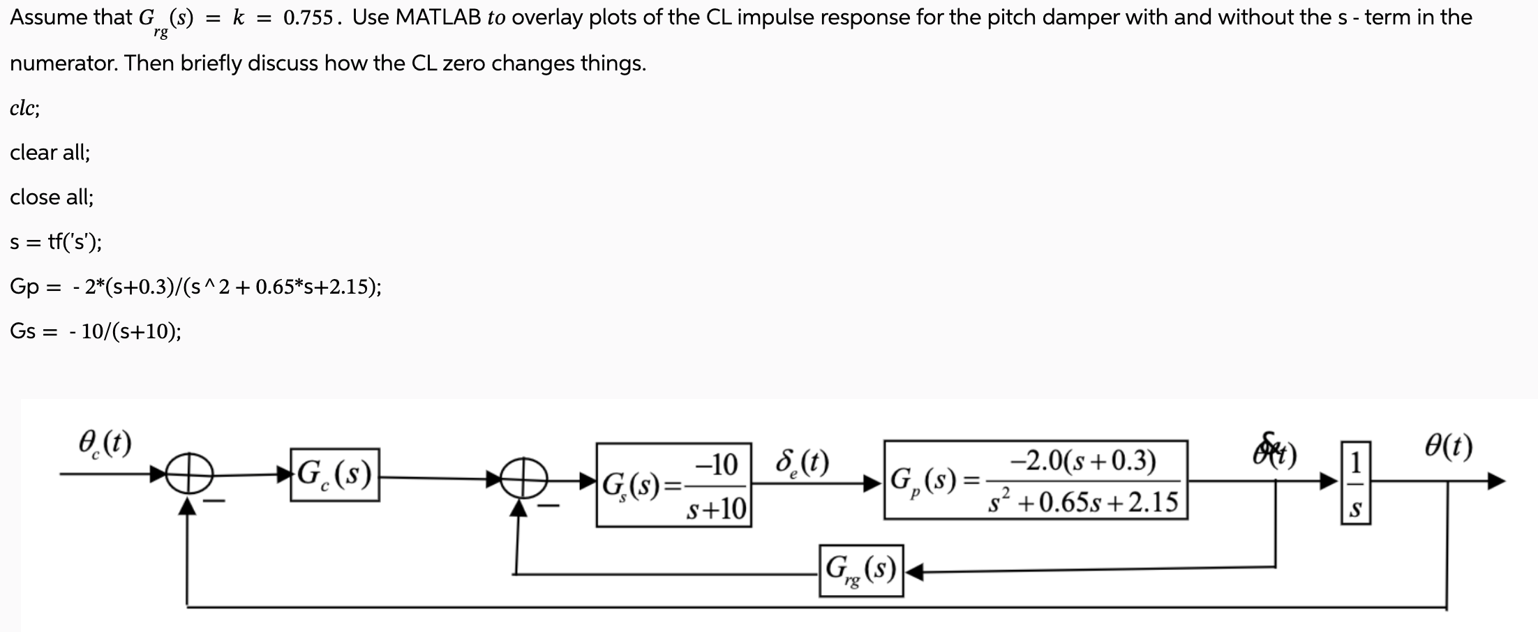 Solved Assume that Grg(s)=k=0.755. ﻿Use MATLAB to overlay | Chegg.com