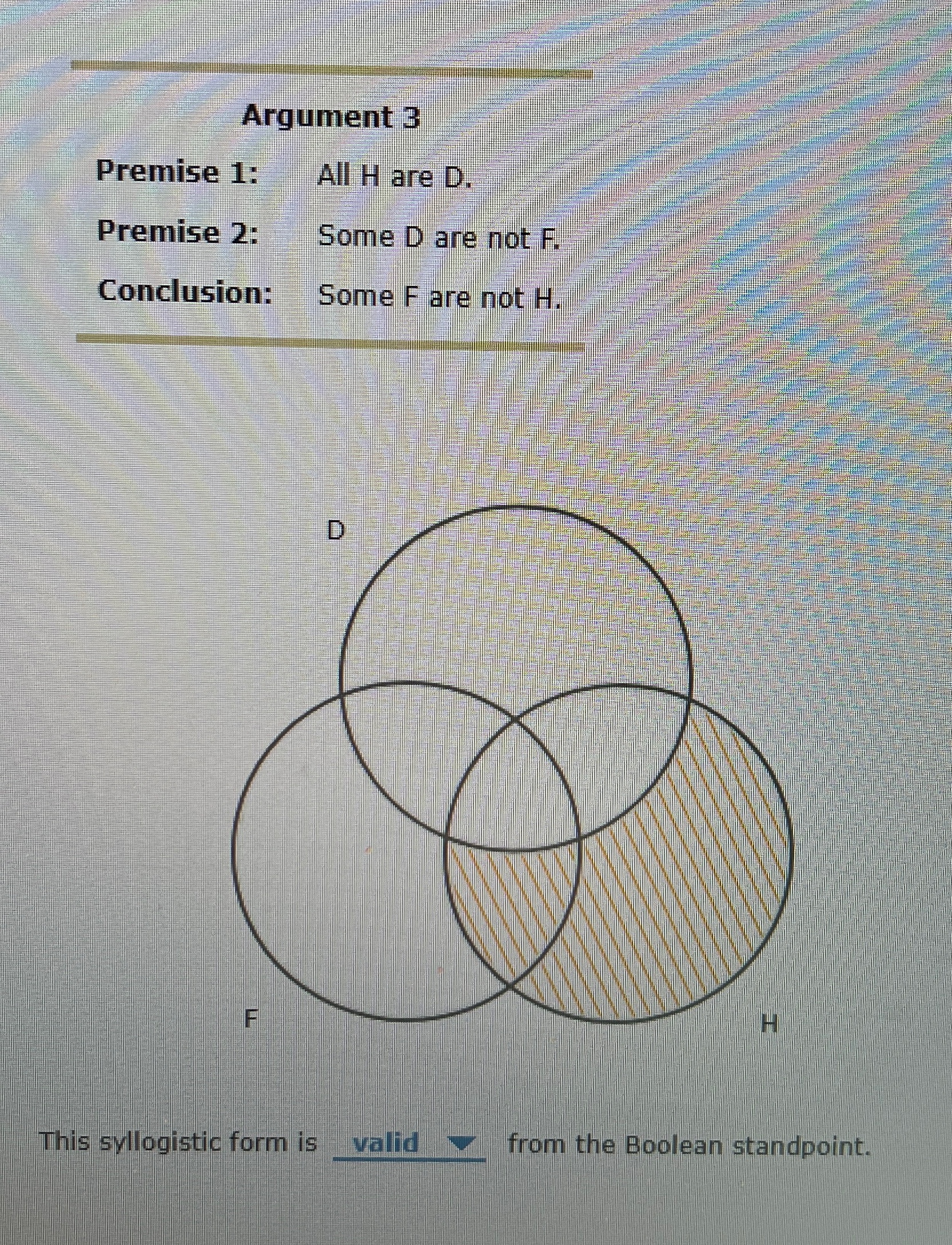 Solved Argument 3Premise 1: , ﻿All H are D.Premise 2: Some D | Chegg.com