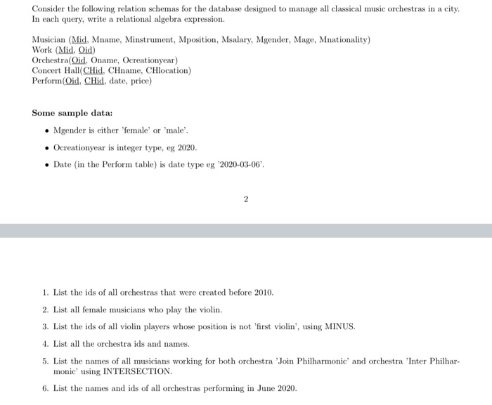 Solved Consider the following relation schemas for the | Chegg.com