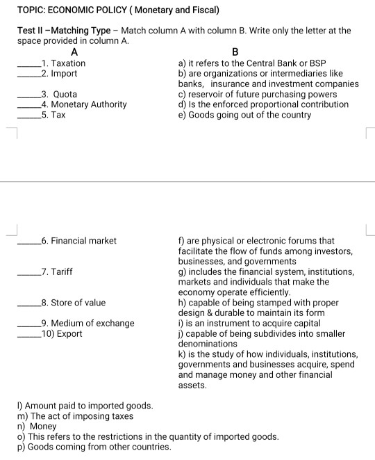 Solved TOPIC: ECONOMIC POLICY (Monetary and Fiscal) Test II | Chegg.com