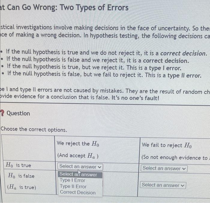 Solved What Can Go Wrong: Two Types of Errors Statistical | Chegg.com