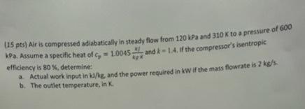 Solved (15 pes) Air is compressed adiabatically in steady | Chegg.com