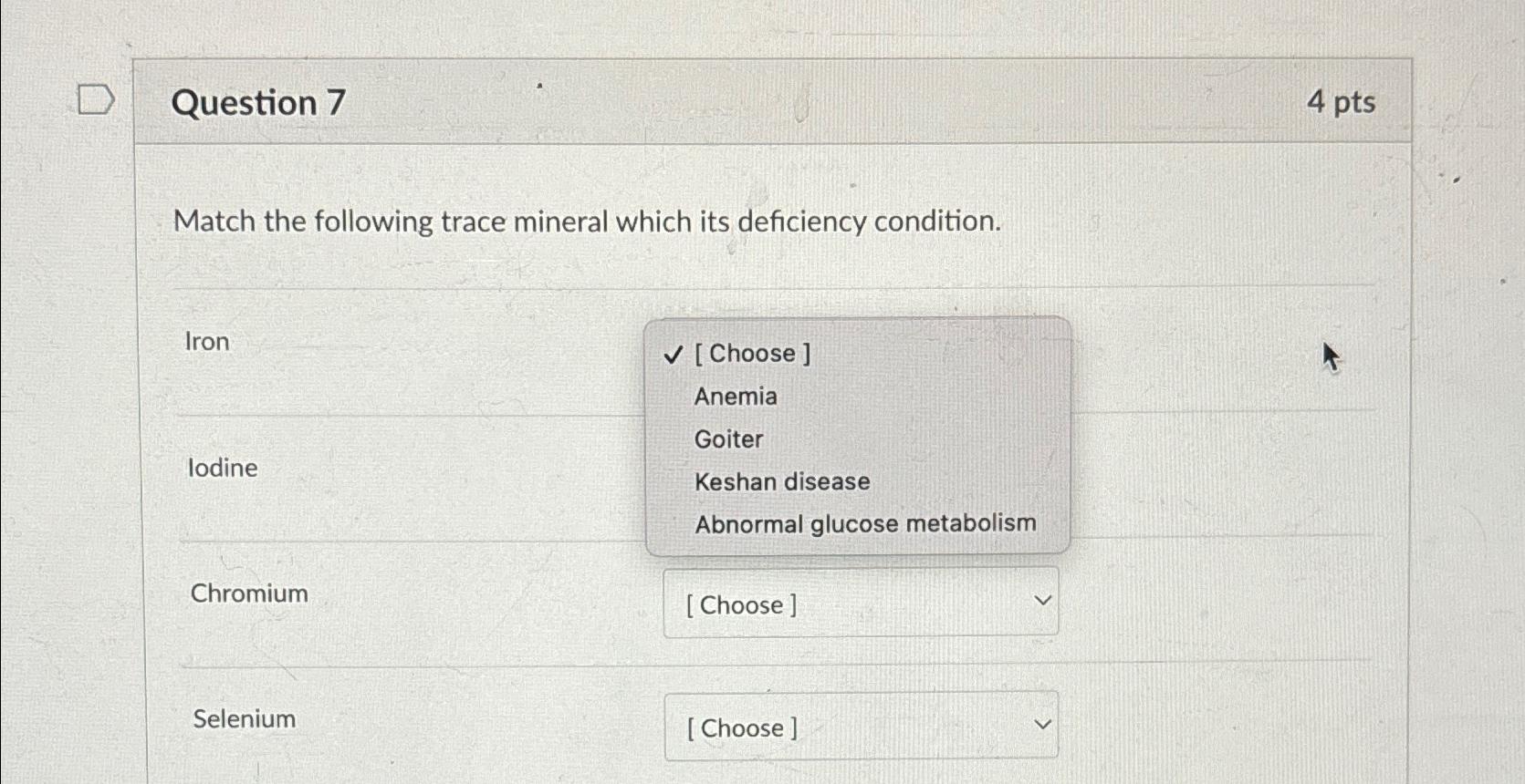 Solved Question 74 ﻿ptsMatch the following trace mineral | Chegg.com