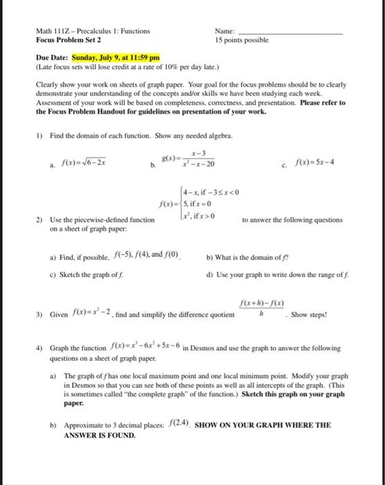 Solved Math 111z Precalculus 1 Functions Focus Problem