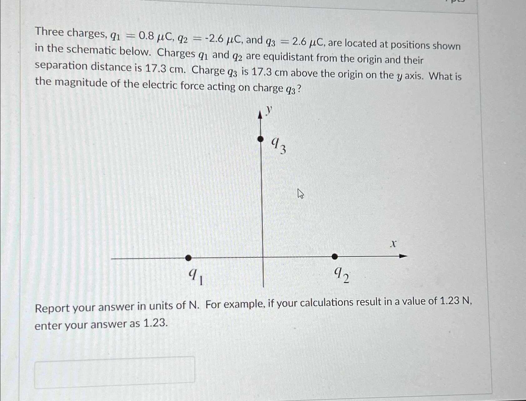 Solved Three charges, q_(1)=0.8\\\\mu C,q_(2)=-2.6\\\\mu C, | Chegg.com