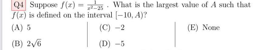 Solved Q4 ﻿Suppose f(x)=1x2-25. ﻿What is the largest value | Chegg.com