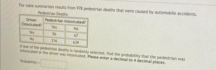 Solved The table summarizes results from 978 pedestrian | Chegg.com