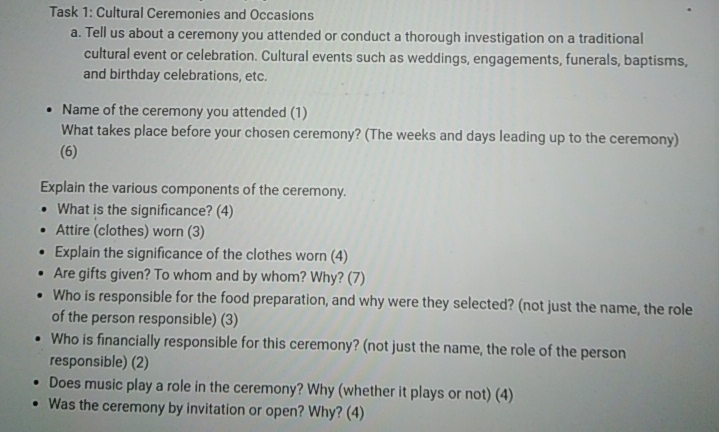 Solved Task 1: Cultural Ceremonies and Occasionsa. ﻿Tell us | Chegg.com