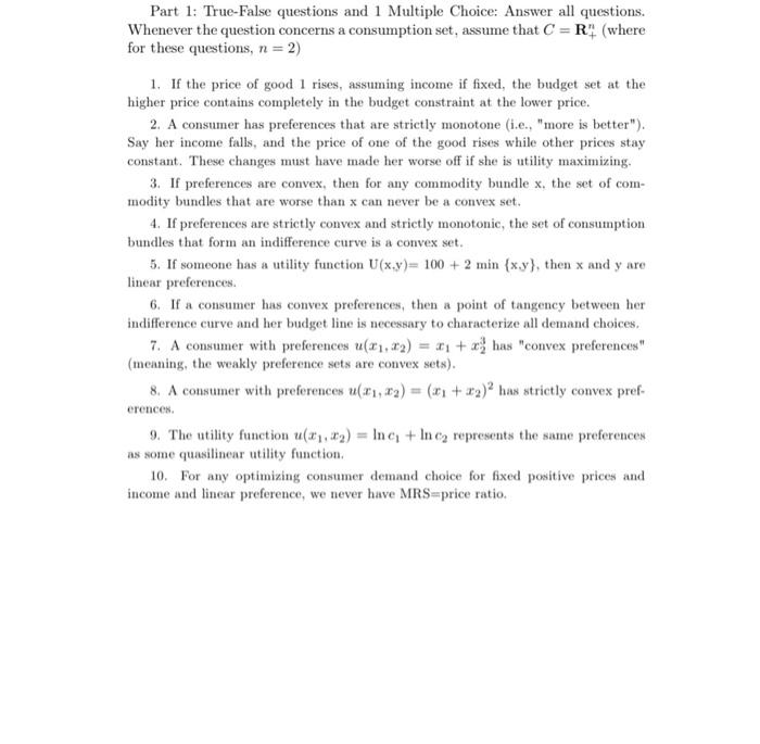 Solved Part 1: True-False questions and 1 Multiple Choice: | Chegg.com
