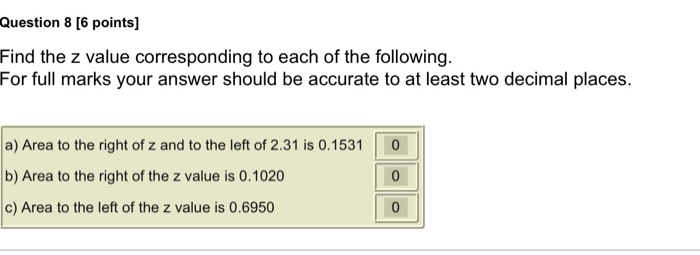 Solved Question 8 [6 points] Find the z value corresponding | Chegg.com