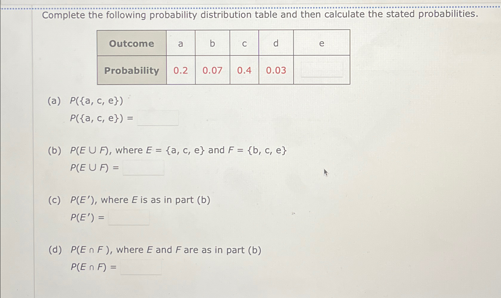 Solved Complete the following probability distribution table | Chegg.com