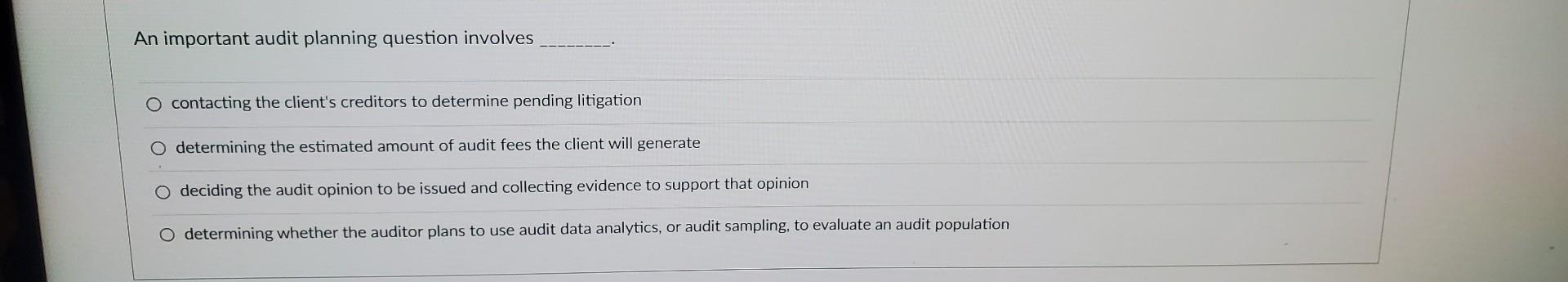 Solved An important audit planning question involves | Chegg.com