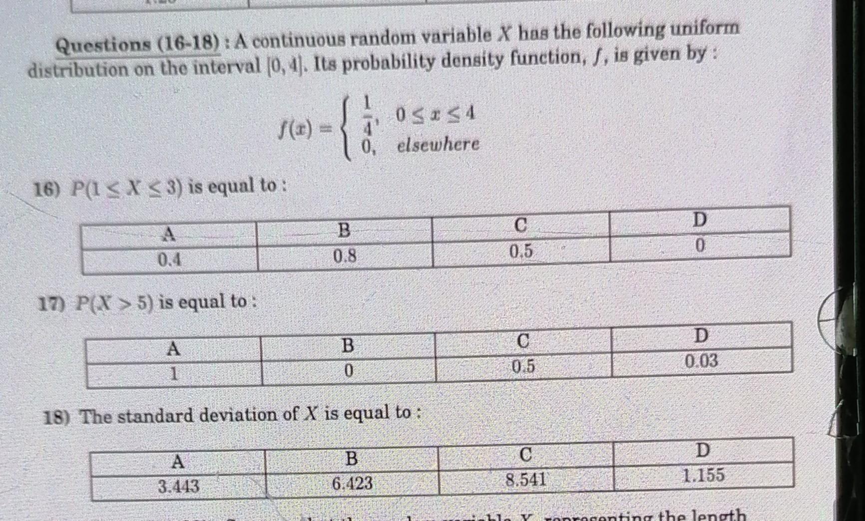Solved Questions (16-18) : A continuous random variable X | Chegg.com