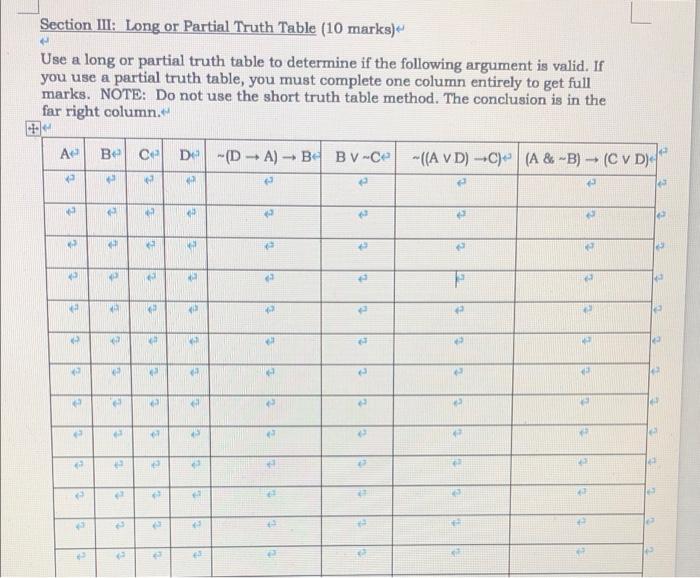 Solved Section III: Long or Partial Truth Table (10 marks) | Chegg.com