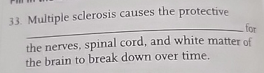 Solved Multiple sclerosis causes the protectiveq, ﻿for the | Chegg.com