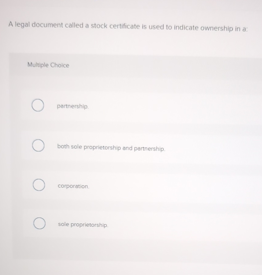 Solved A legal document called a stock certificate is used | Chegg.com