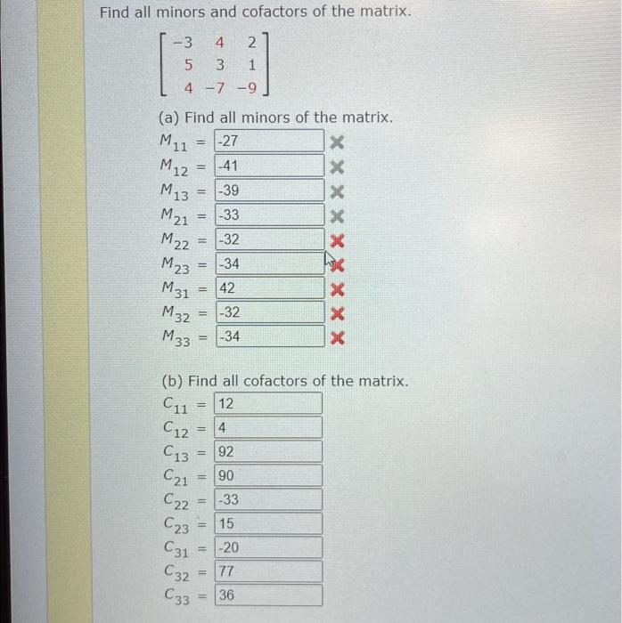 Solved Find all minors and cofactors of the matrix. | Chegg.com
