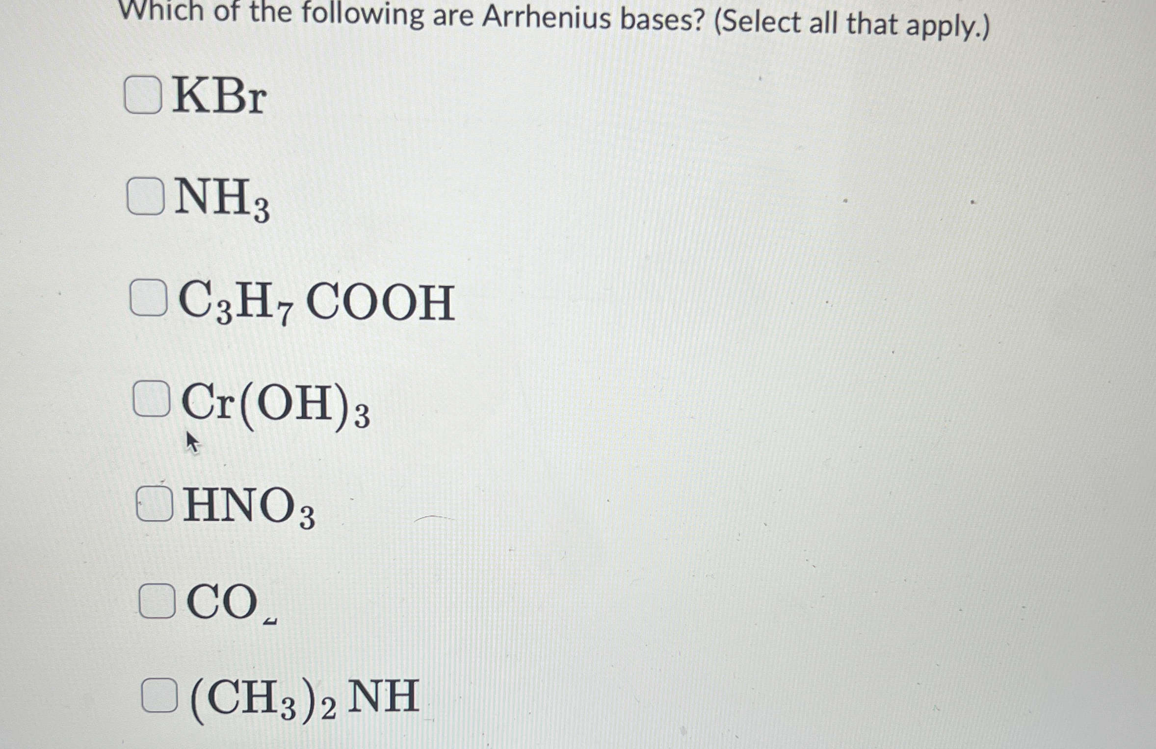 High Quality SOLUTION Which of the following are Arrhenius bases? (Select | Chegg.com